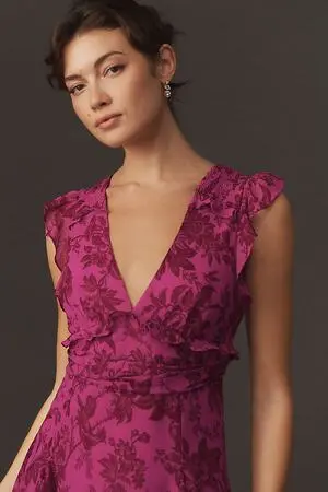 Bhldn Sleeveless V-neck Pleated Chiffon Maxi Dress - Pink Pattern