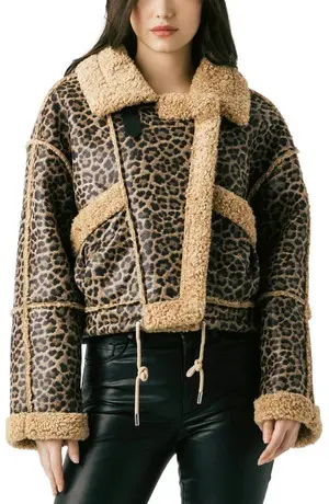 Blanknyc Bonded Leopard Print Faux Shearling Moto Jacket