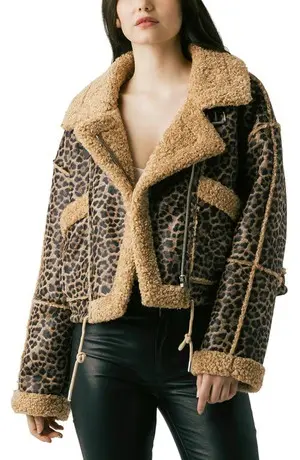 Blanknyc Bonded Leopard Print Faux Shearling Moto Jacket