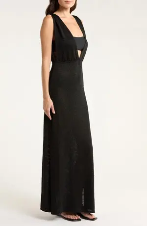 Elan Plunge Neck Maxi Cover-up Sweater Dress - Black
