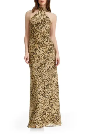 Dress The Population Leopard Print Halter Neck Gown