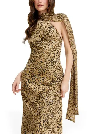 Dress The Population Leopard Print Halter Neck Gown