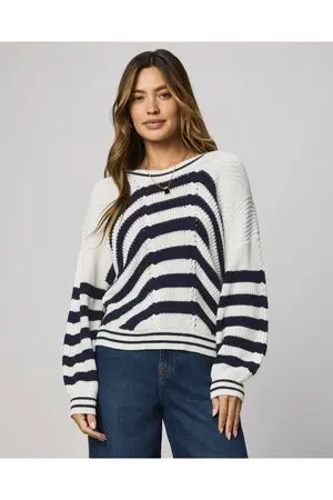 Splendid Chevron Striped Pullover Sweater - Black / Navy / Stripe / White