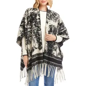 Karen Kane Fringe Brushed Jacquard Knit Poncho