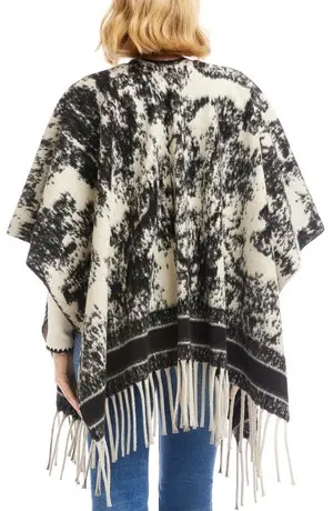 Karen Kane Fringe Brushed Jacquard Knit Poncho