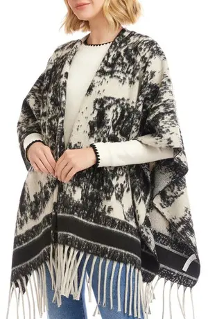 Karen Kane Fringe Brushed Jacquard Knit Poncho