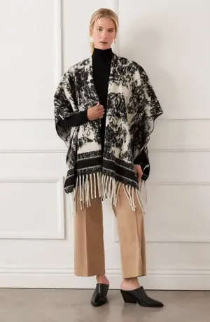 Karen Kane Fringe Brushed Jacquard Knit Poncho