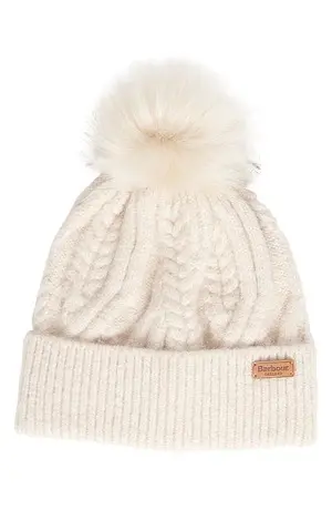 Barbour Elsdon Faux Fur Pompom Beanie - Eggshell
