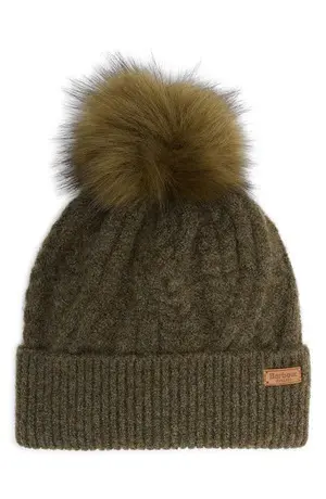 Barbour Elsdon Faux Fur Pompom Beanie - Olive