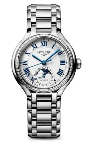 LONGINES Primaluna Moonphase Diamond Bezel Bracelet Watch - Silver