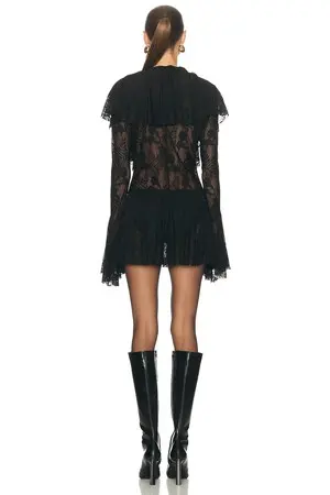 Norma Kamali Long Sleeve Deep V Ruffle Mini Dress - Black Lace
