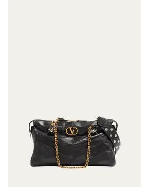 Valentino Garavani Panthea Medium Patchwork Chevron Shoulder Bag - Nero