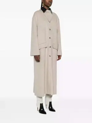 Nanushka A-line Button Coat With Leather Collar - Neutrals