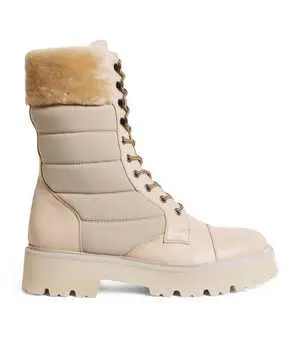 Eleventy Leather Shearling Trim Lace-up Boots
