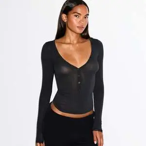 SKIMS Sheer Modal Long Sleeve Henley - Onyx