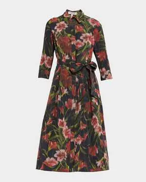 Rickie Freeman For Teri Jon Taffeta Faille Floral-print Midi Shirtdress