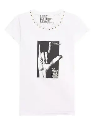 FREECITY Graphic Cotton T-shirt With Stud Details - White