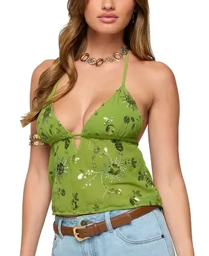 EDIKTED Sequin Floral Chiffon Halter Top - Green