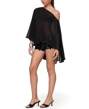 EDIKTED Sheer Chiffon Asymmetric Poncho - Black