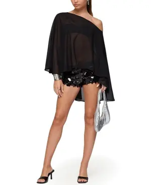 EDIKTED Sheer Chiffon Asymmetric Poncho - Black