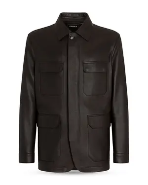 Zegna Leather Field Jacket - Dark Brown