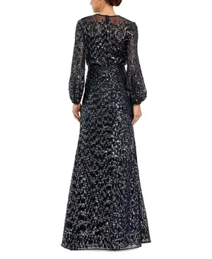 Mac Duggal Sequin Long Sleeve Blouson Evening Gown