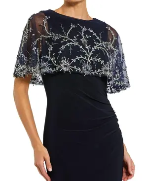 Mac Duggal Fitted Jersey Embellished Cape Gown