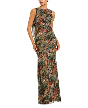 Mac Duggal Printed Mesh Cowl Back Column Gown