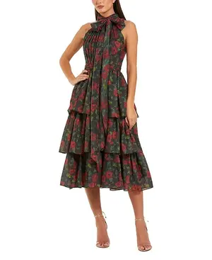 Mac Duggal Floral Chiffon Tiered Midi Dress With Bow - Black Multi