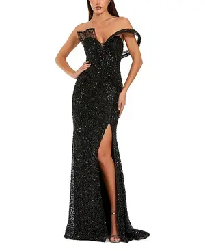 Mac Duggal Embellished Strapless High Slit Drape Gown