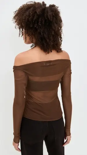 LE BOP Scarlet Off-shoulder Mesh Top - Brown