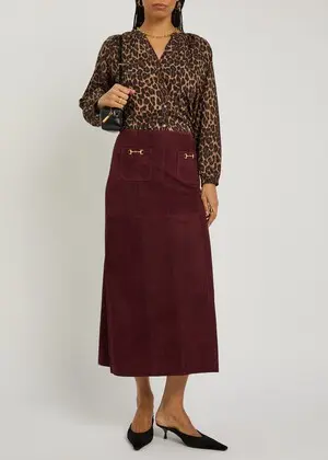 Rixo Horsebit-embellished Suede Midi Skirt - Maroon