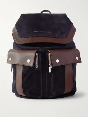 Brunello Cucinelli Leather-Trimmed Suede Backpack Blue