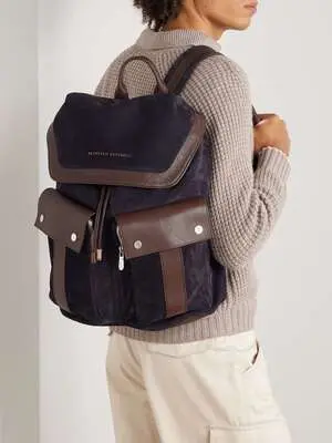 Brunello Cucinelli Leather-trimmed Suede Backpack - Navy