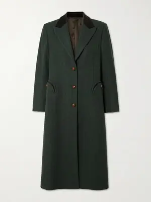 BLAZÉ MILANO Heck Velvet-trimmed Herringbone Wool Coat - Green
