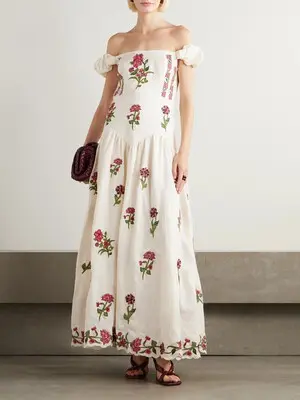 Agua Bendita Siembra Floral Linen Maxi Dress - Cream