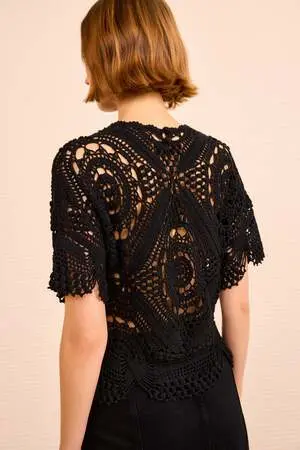 Ulla Johnson Maddalena Short Sleeve Hand Crochet Top - Noir