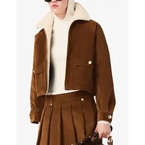 Maje Cropped Shearling-collar Cord Jacket