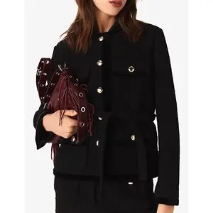 Maje Contrast-trim Belted-waist Tweed Jacket