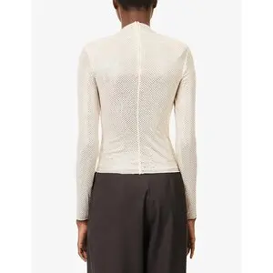 SELF-PORTRAIT Rhinestone-embellished Gathered Mesh Top