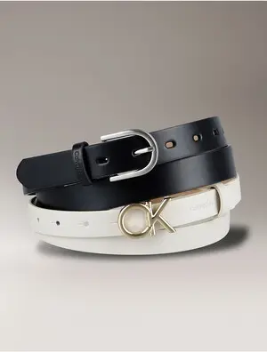 Calvin Klein Monogram Logo And Round Buckle Reversible Belt Set - Black / Bone
