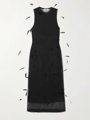 JIL SANDER Feather-embellished Layered Knitted-silk Midi Dress - Black