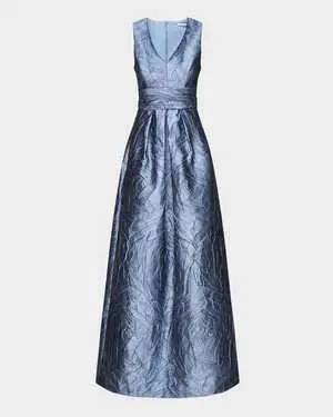 KAY UNGER Mariah Sleeveless Jacquard A-line Gown - Mediterran