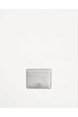 Valentino Garavani Vlogo Signature Cardholder In Laminated Grainy Calfskin - Silver