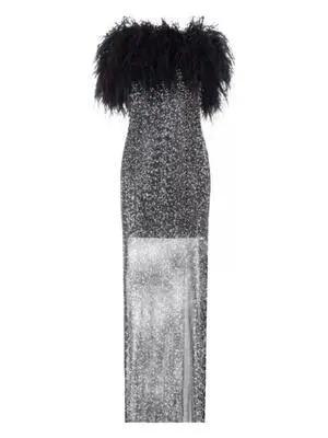 SANTA BRANDS Feather-embellished Slit Midi Dress - Black