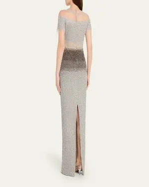 Pamella Roland Ombre Sequined Column Gown - Lt/dk Silv