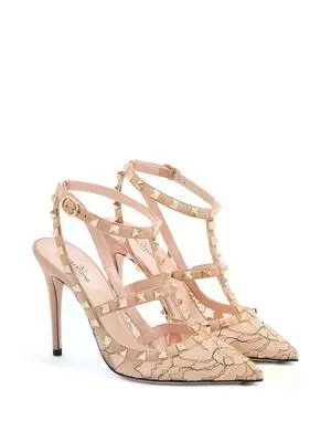 Valentino Garavani 100mm Rockstud Lace Strap Pumps - Neutrals