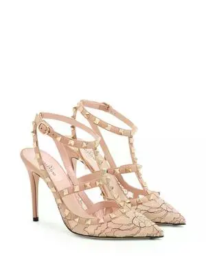 Valentino Garavani Rockstud Lace Pumps With Straps - Neutrals