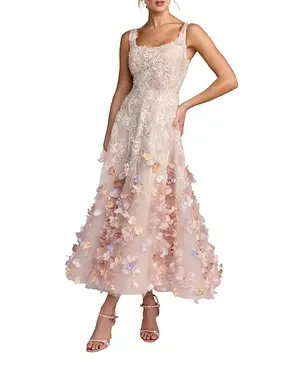 Mac Duggal Sleeveless Embellished Midi Dress With 3d Floral Appliqués - Blush Multi