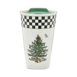 SPODE Christmas Tree Black & White Travel Mug - Green